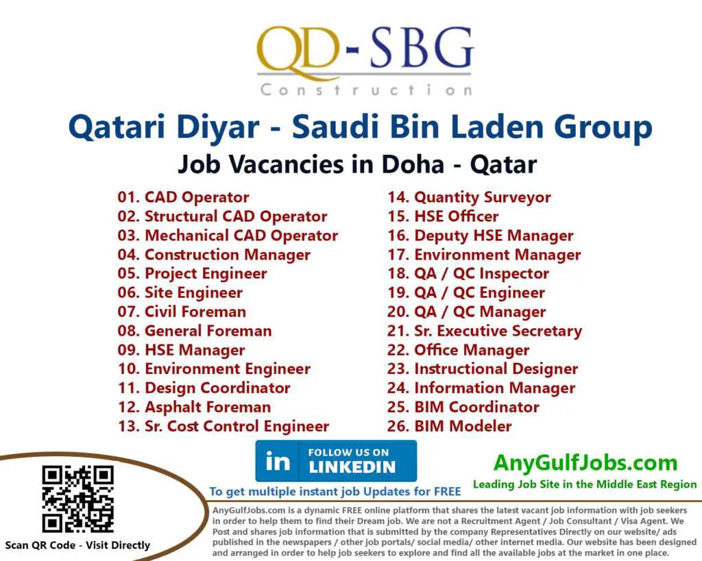 QD-SBG Construction WLL Job Vacancies - Doha, Qatar 2025 - AnyGulfJobs.com