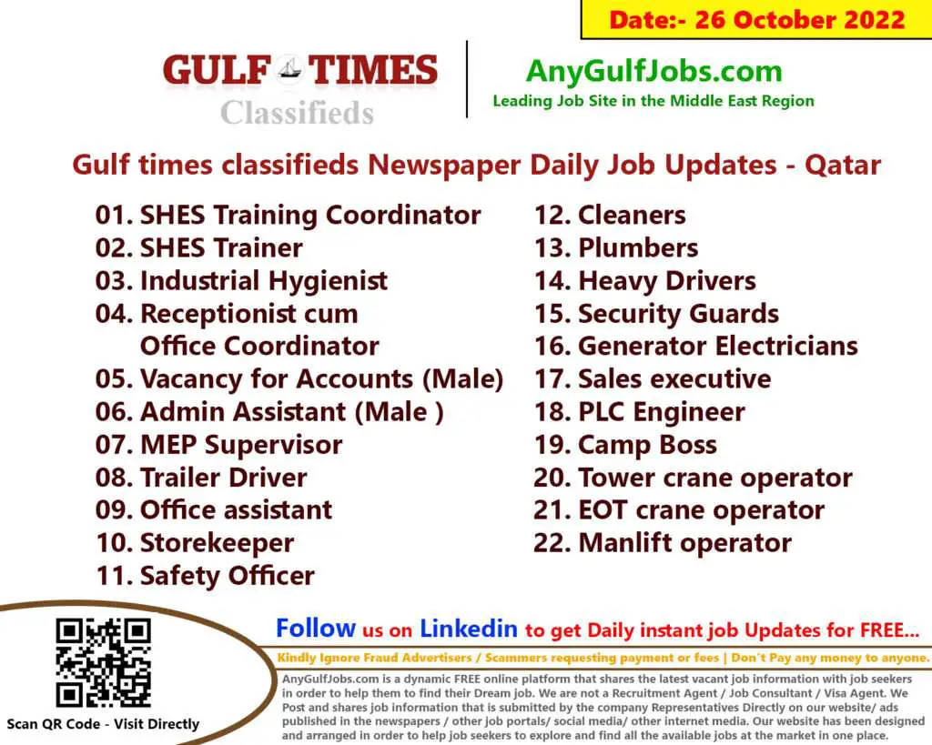 Gulf times classifieds Job Vacancies Qatar - 26 October 2022 - 2026