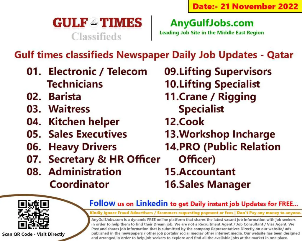 Gulf times classifieds Job Vacancies Qatar - 21 November 2022 - 2026