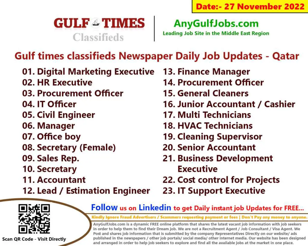 Gulf times classifieds Job Vacancies Qatar - 27 November 2022 - 2026