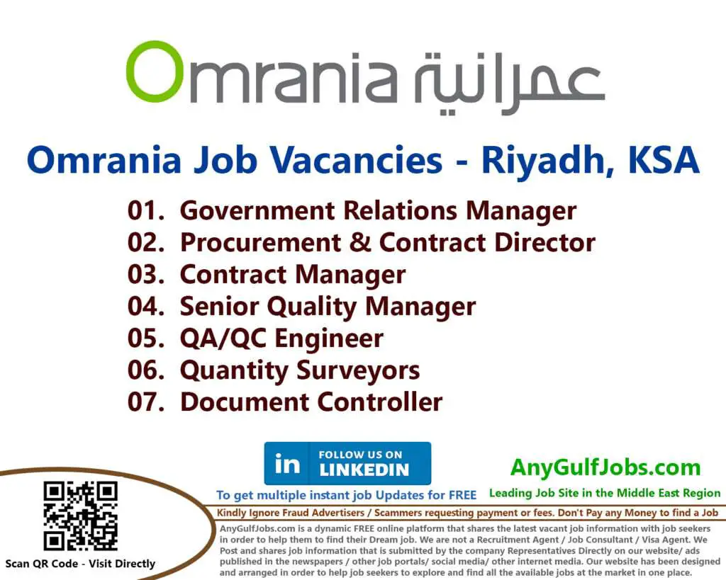 Multiple Omrania Job Vacancies - Riyadh, KSA 2024 - AnyGulfJobs.com