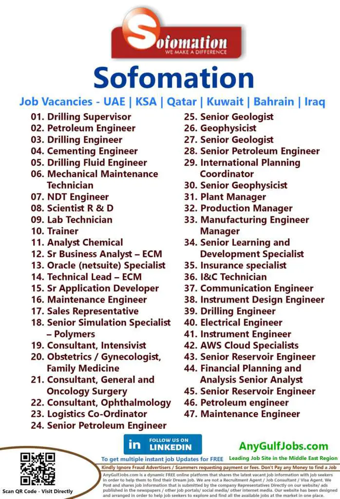Sofomation Job Vacancies - UAE | KSA | Qatar | Kuwait | Bahrain | Iraq 2025 - AnyGulfJobs.com