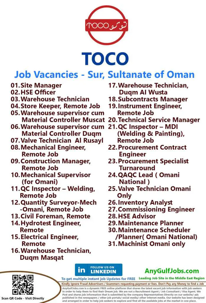 TOCO Job Vacancies - Sur, Sultanate of Oman 2026 - AnyGulfJobs.com