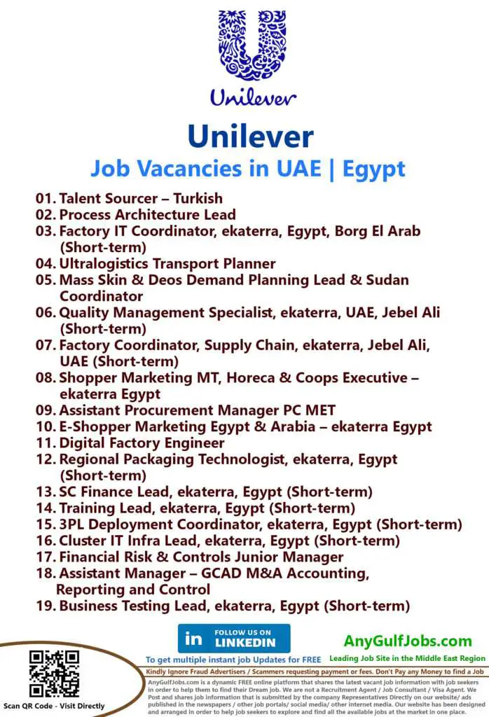 Unilever Job Vacancies - UAE | Egypt 2026 - AnyGulfJobs.com