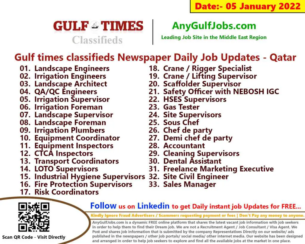 Gulf times classifieds Job Vacancies Qatar - 05 January 2023 - 2026