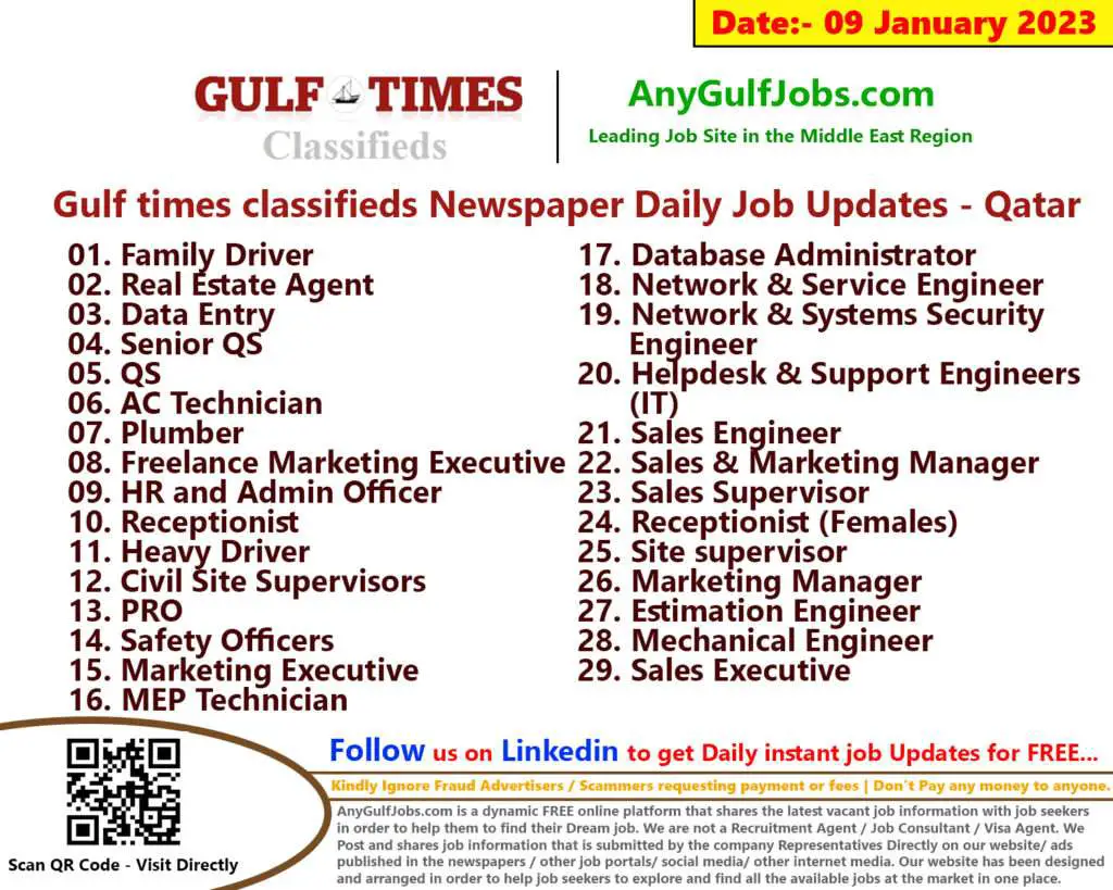 Gulf times classifieds Job Vacancies Qatar - 09 January 2023 - 2026