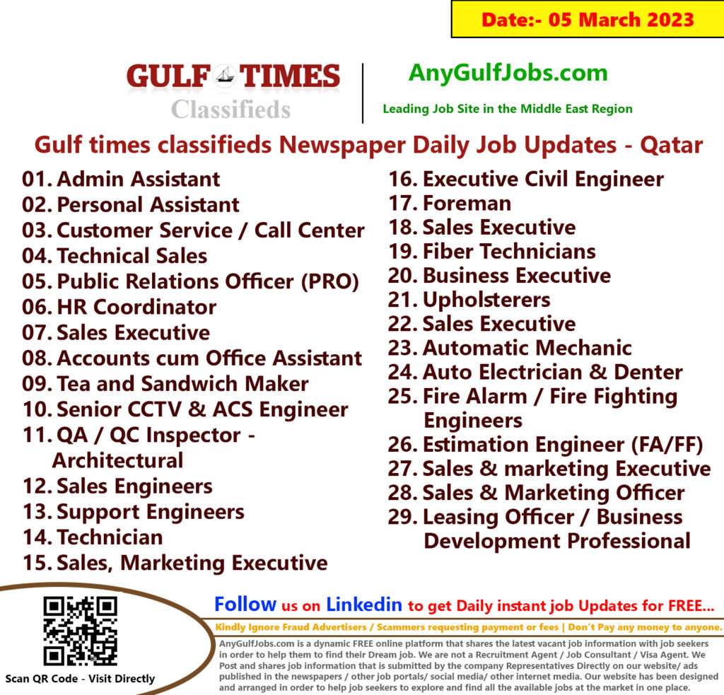 Gulf times classifieds Job Vacancies Qatar - 05 March 2023 - 2026