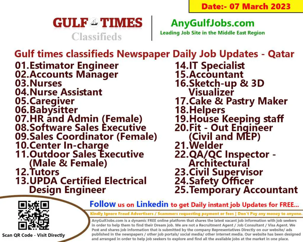 Gulf times classifieds Job Vacancies Qatar - 07 March 2023 - 2025