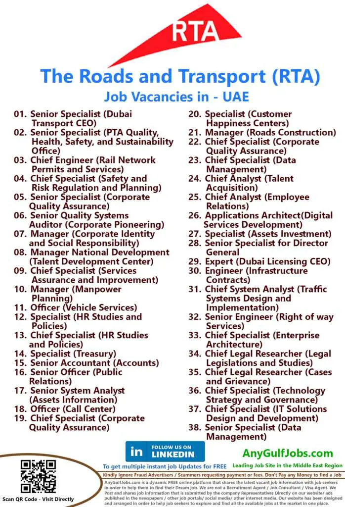 The Roads and Transport (RTA) Jobs | Careers - UAE - 2023