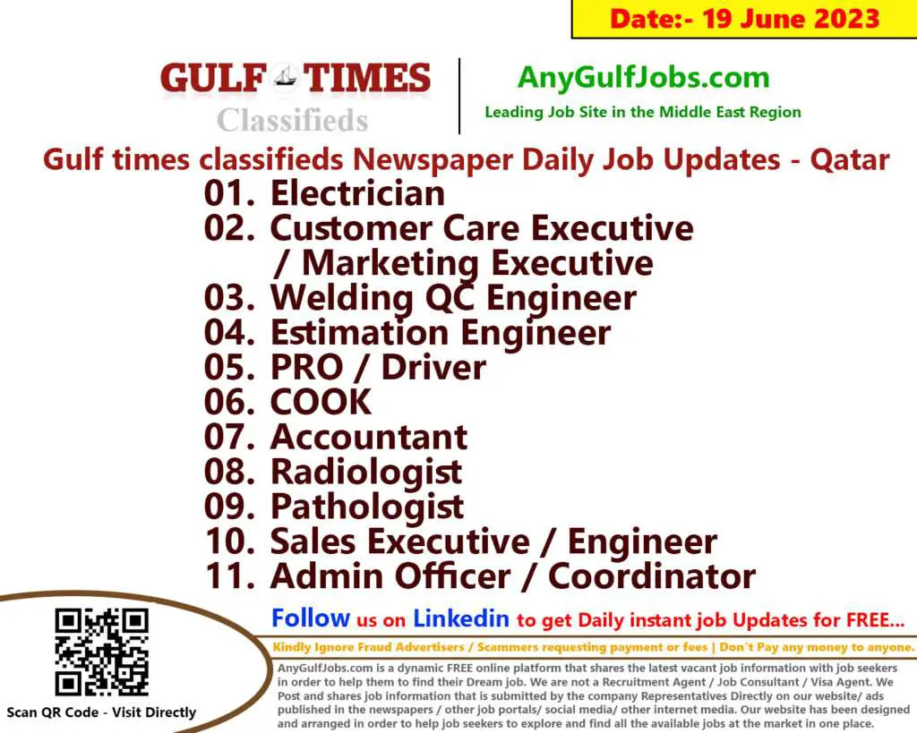 Gulf times classifieds Job Vacancies Qatar - 19 June 2023 - 2026