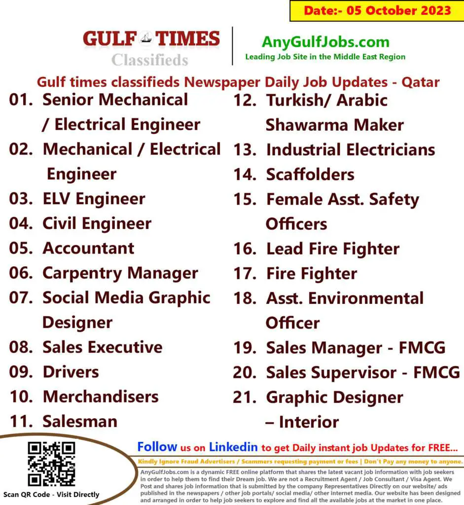 Gulf times classifieds Job Vacancies Qatar - 05 October 2023 - 2025