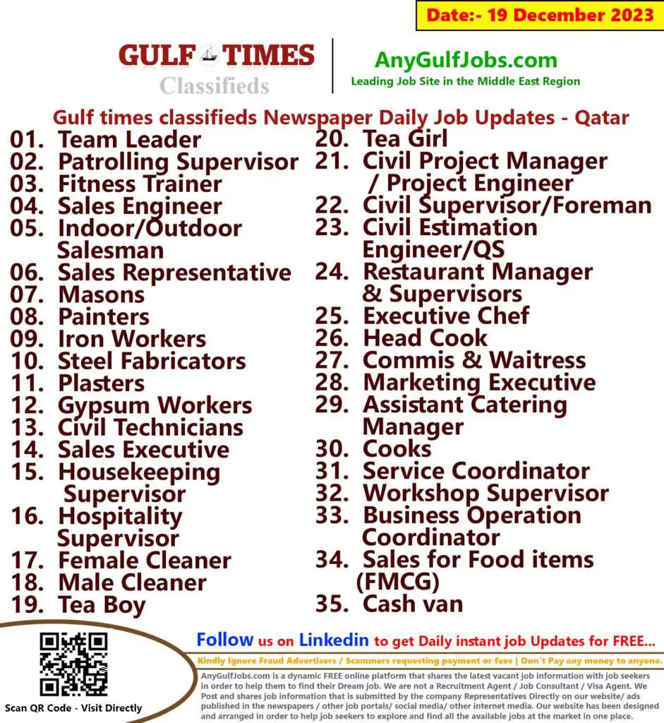 Gulf times classifieds Job Vacancies Qatar - 19 December 2023 - 2025