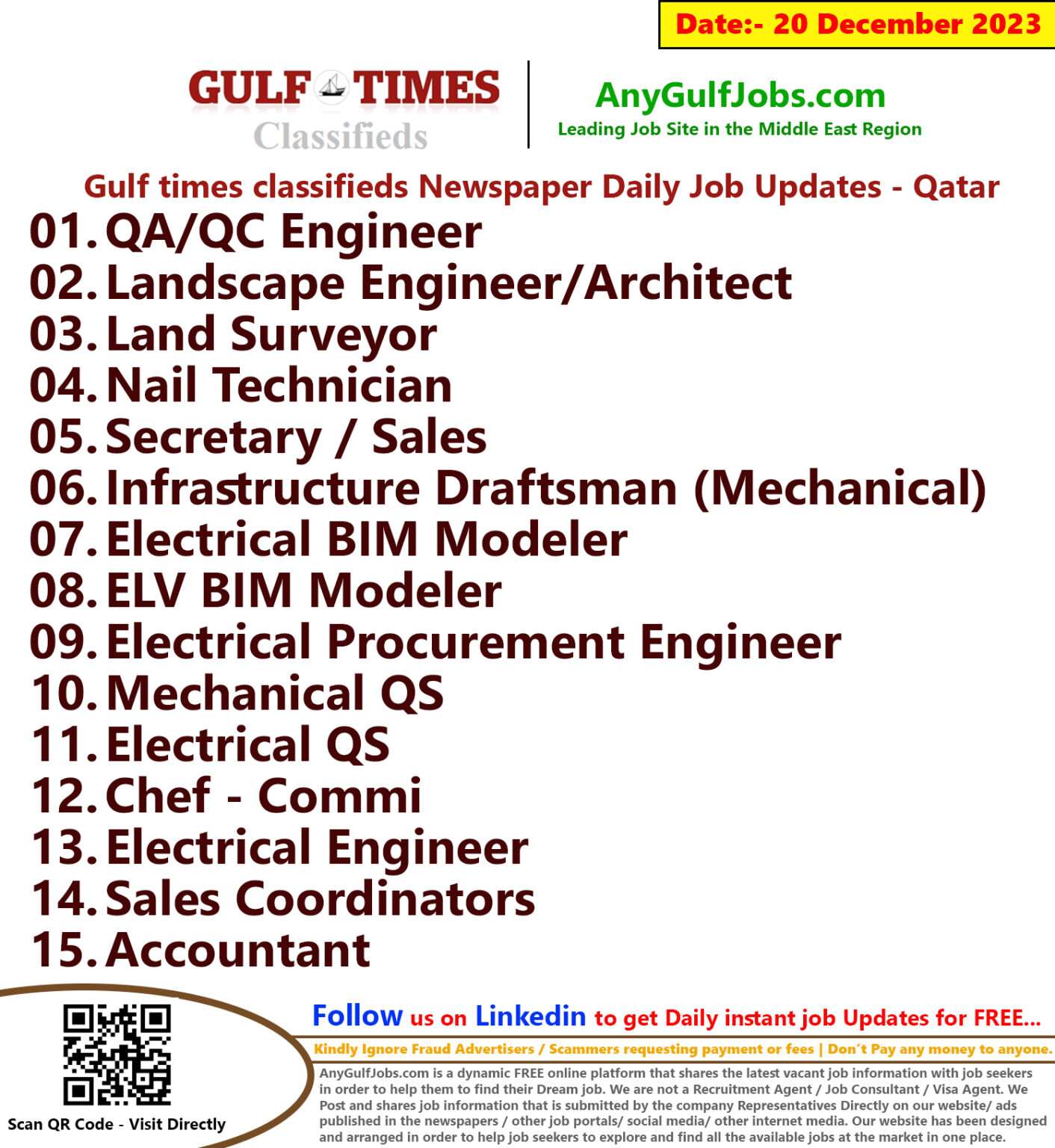 Gulf times classifieds Job Vacancies Qatar - 20 December 2023 - 2026