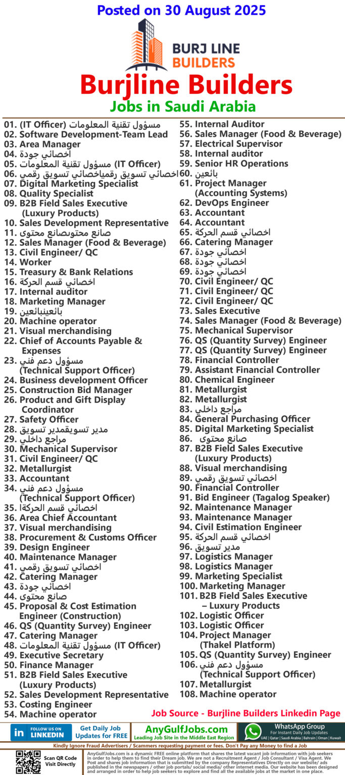 Burjline Builders Job Vacancies - Saudi Arabia - KSA 2026 - AnyGulfJobs.com